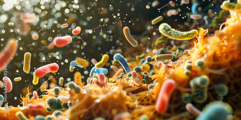 of microbial colonies flourishing on decaying matter, showcasing the ...