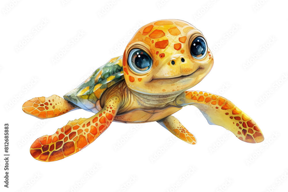 This is a cute cartoon sea turtle with big blue eyes. It has a yellow ...