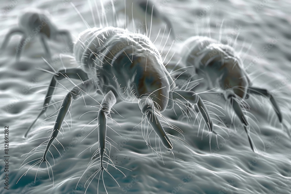 High-definition 3d render of microscopic dust mites moving across a ...