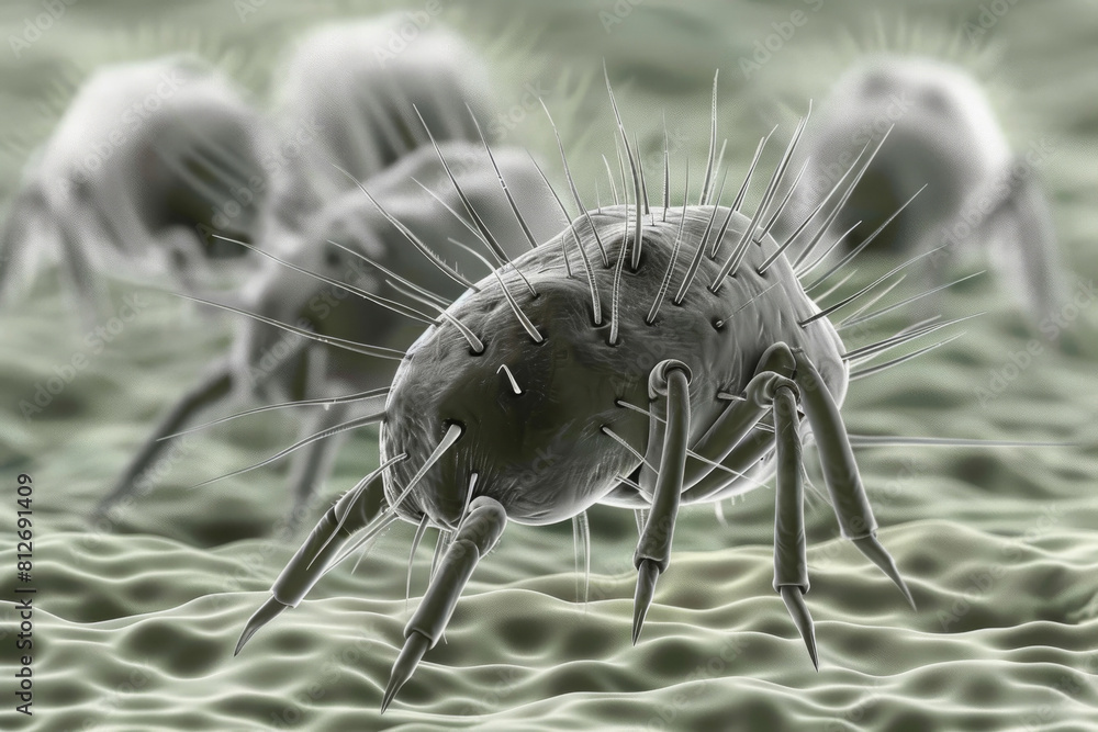 Detailed illustration of a dust mite in its habitat, showcasing its ...
