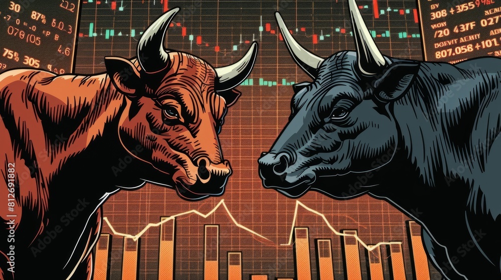 Two bulls are facing each other in a market with a lot of numbers and ...