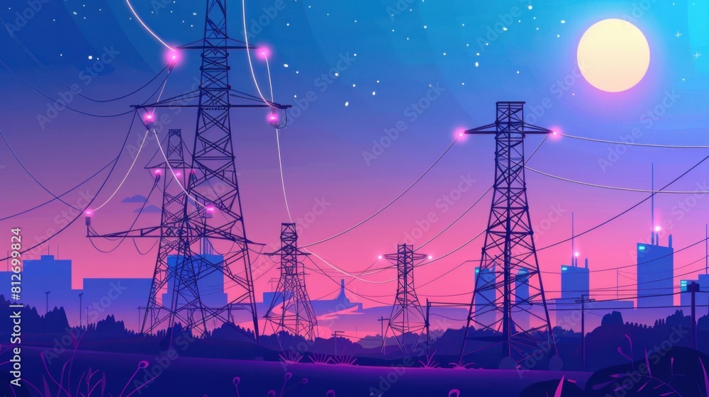Flat vector illustration depicting the utility electric transmission ...