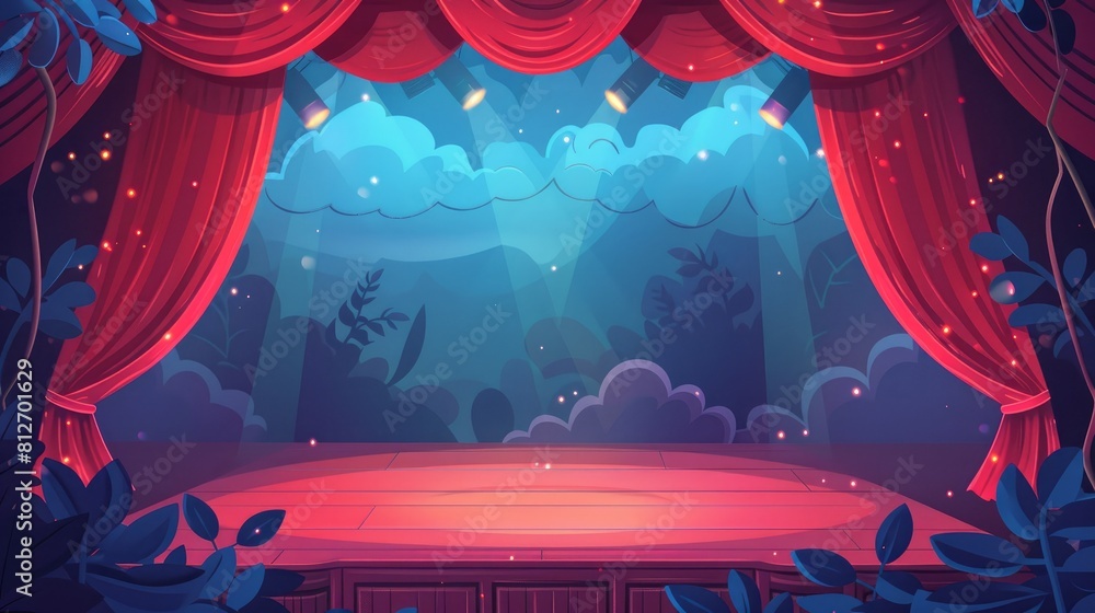 A vibrant vector cartoon illustration of a theater stage, framed by ...