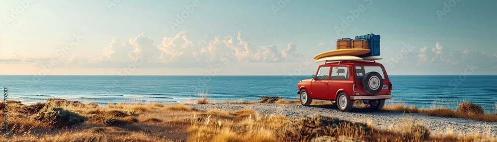 A car packed for a summer holiday trip, loaded with luggage and a ...