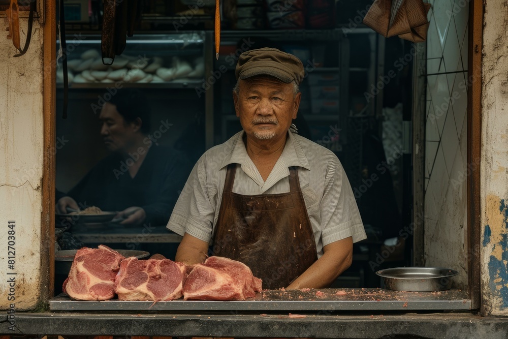 Proud butcher in an apron stands before his selection of fresh meat ...
