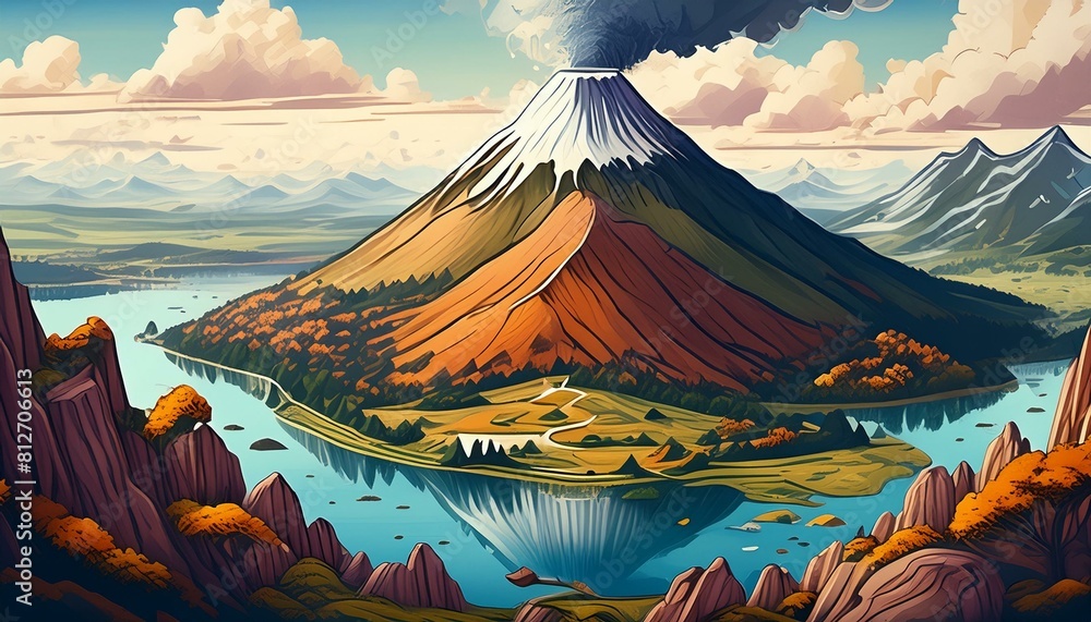 Create a drawing depicting an aerial view of a volcano with a lake ...