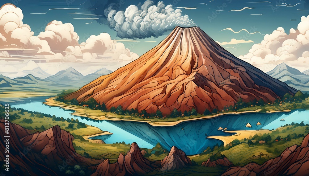 Create a drawing depicting an aerial view of a volcano with a lake ...