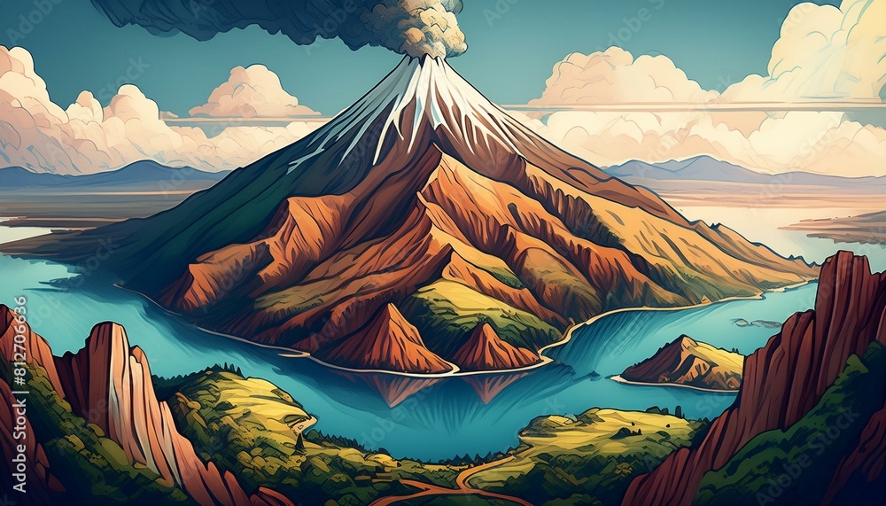 Create a drawing depicting an aerial view of a volcano with a lake ...