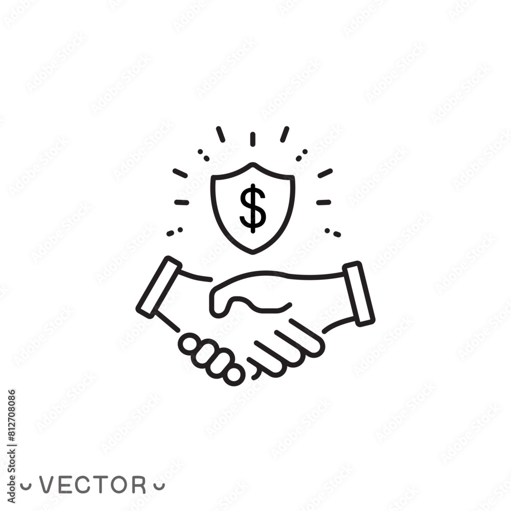 trust partnership in business icon, safe deal, handshake with shield ...