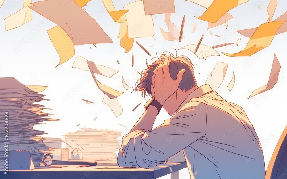 A cartoon man is at his computer, with an angry expression on his face ...