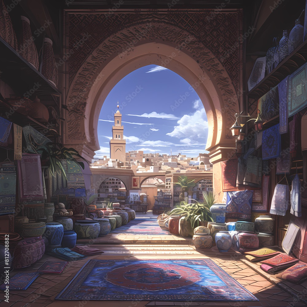 Step into the mystical charm of a Moroccan souk, where vibrant textiles ...