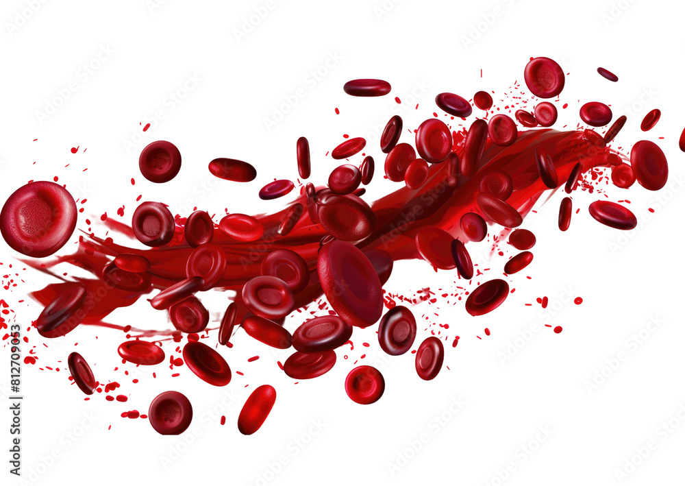A red splatter of blood with many red blood cells floating in the air ...
