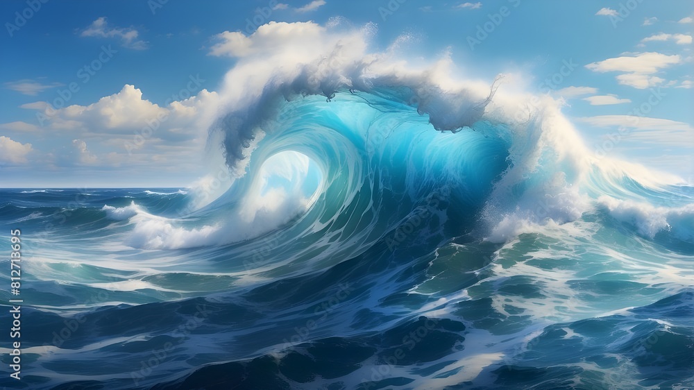 The enormous, smashing blue wave in the ocean, which demonstrates the ...