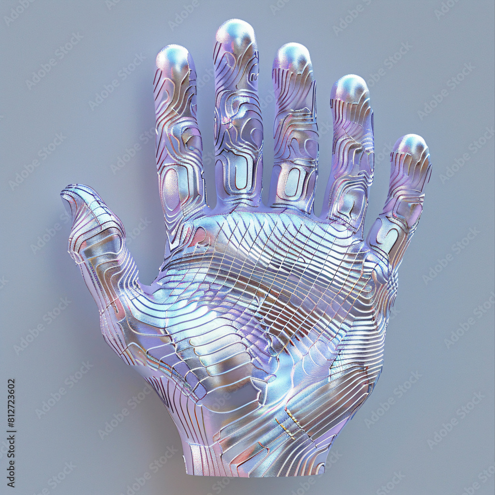 Conceptual six-fingered hand with metallic texture and holographic ...