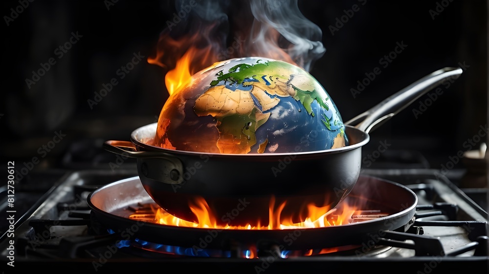 Earth's globe boiling in hot water in a pan over a gas stove: a ...
