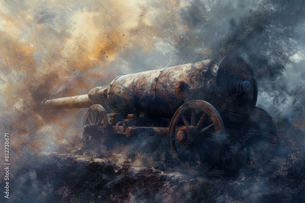 Dramatic image of an old cannon with smoke, symbolizing historical ...