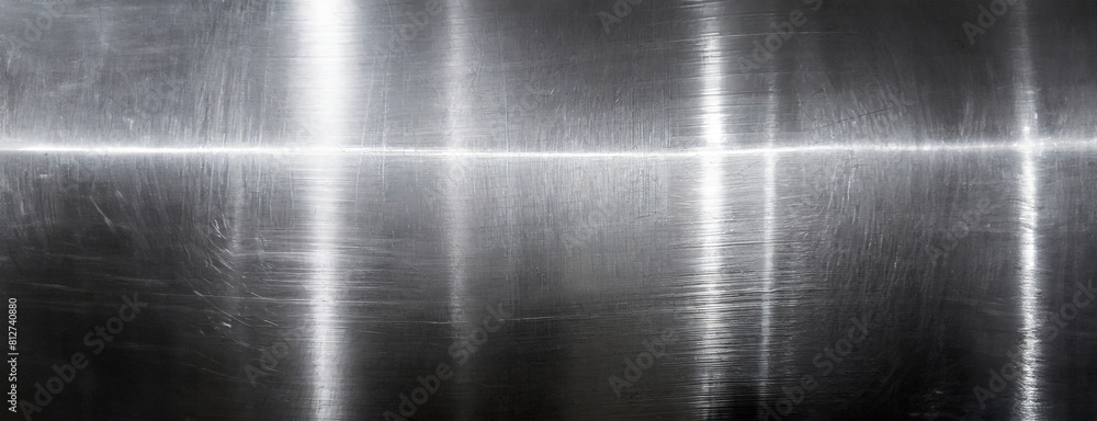 Polished stainless steel surface reflecting bright light, creating a ...