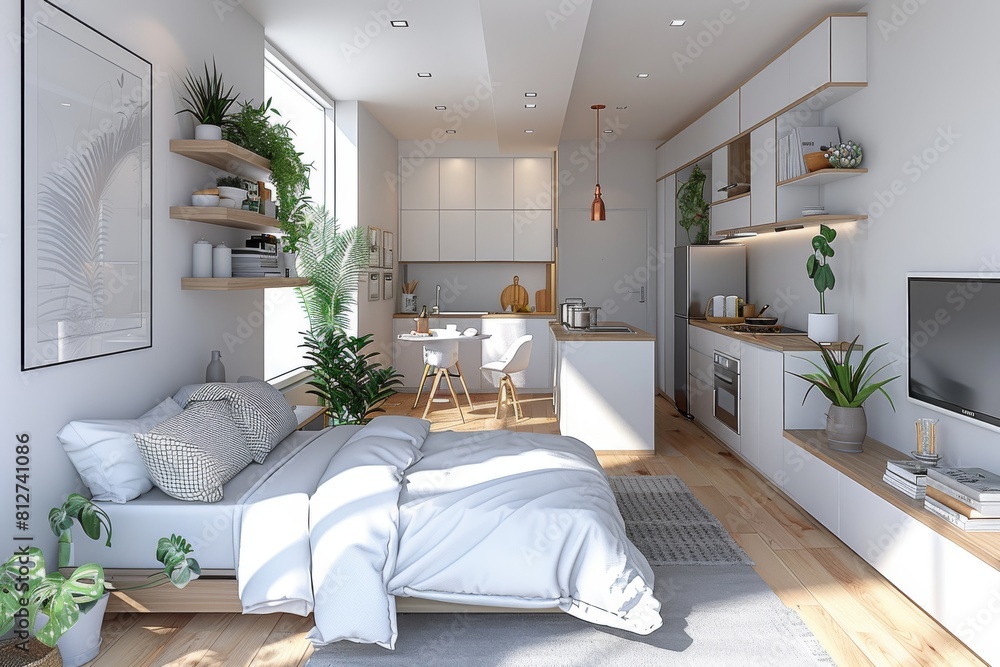Minimalist Studio Apartment: A mockup of a studio apartment featuring a ...