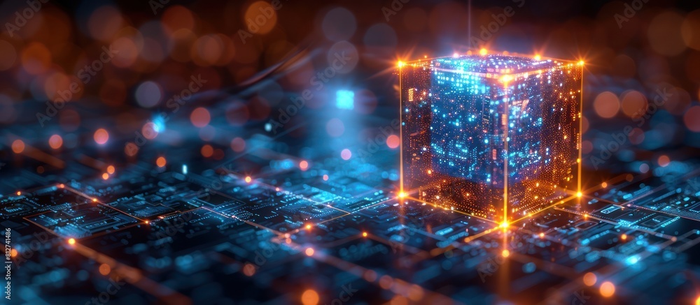 3d rendering of a futuristic computer modeling a blue digital cube ...