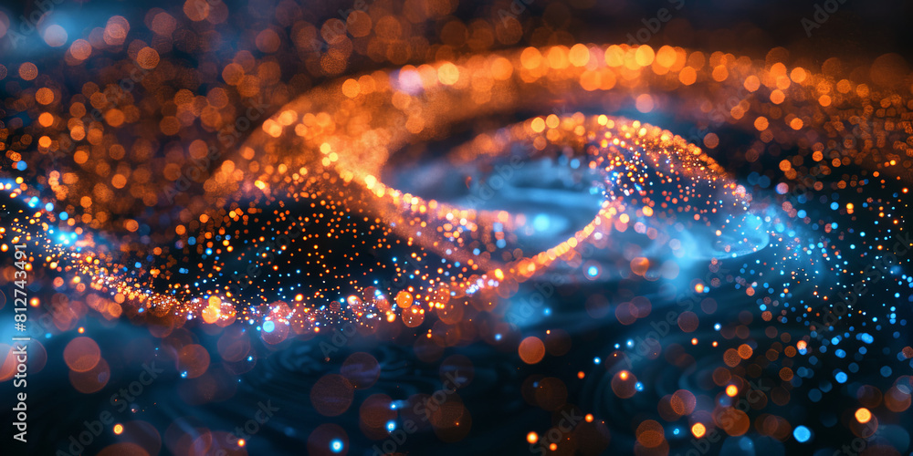 abstract dark blue orange fast moving binary computer data. High speed motion blur, Technology ...