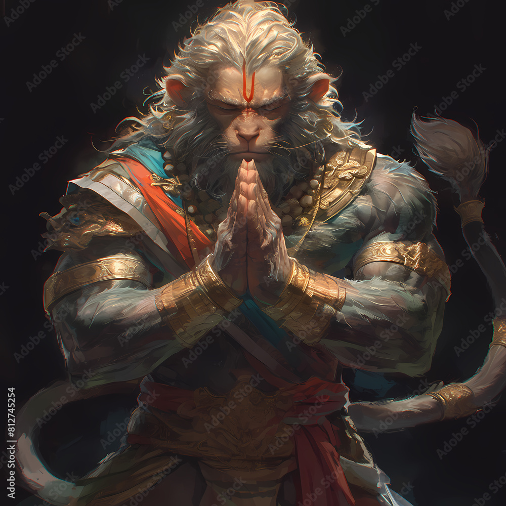 The image portrays Lord Hanuman, a revered Hindu deity known for his ...