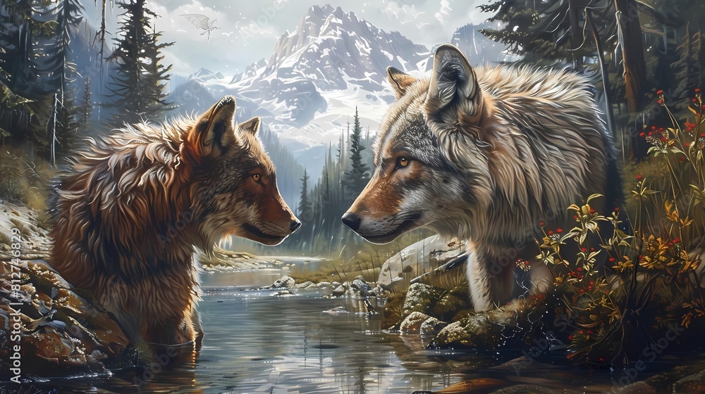 Two wolves, one brown and one grey, stand facing each other on the edge ...