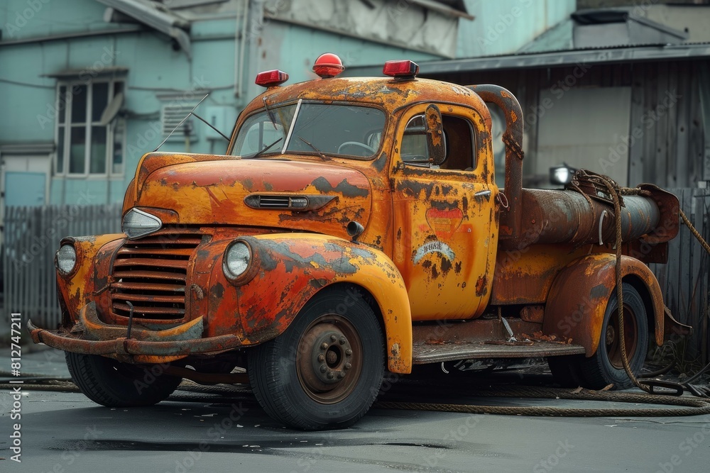 Classic fire engine slowly succumbs to rust and time, captured in rich ...