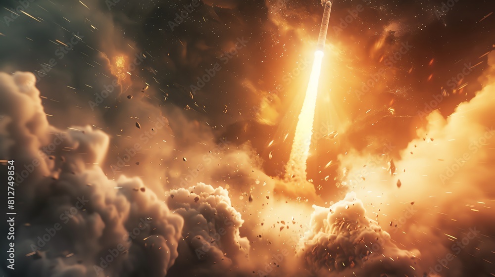 Create a dynamic view of a rocket launch from the perspective of a tiny ...
