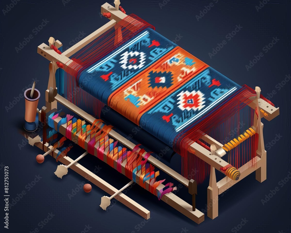 Ikat loom flat design top view ancient techniques theme 3D render ...