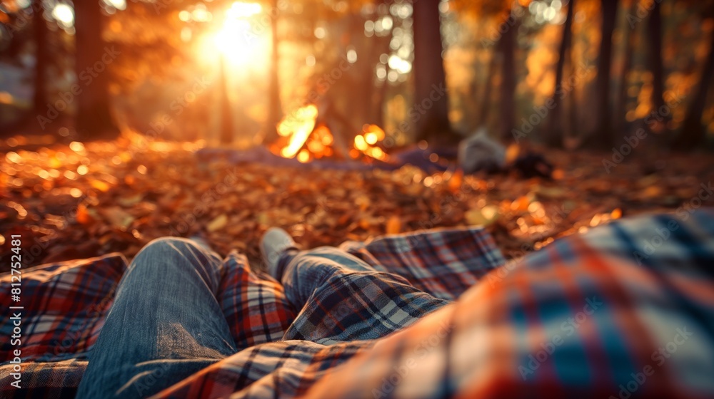 plaid flannel shirt and denim jeans laid out on a picnic blanket in a ...