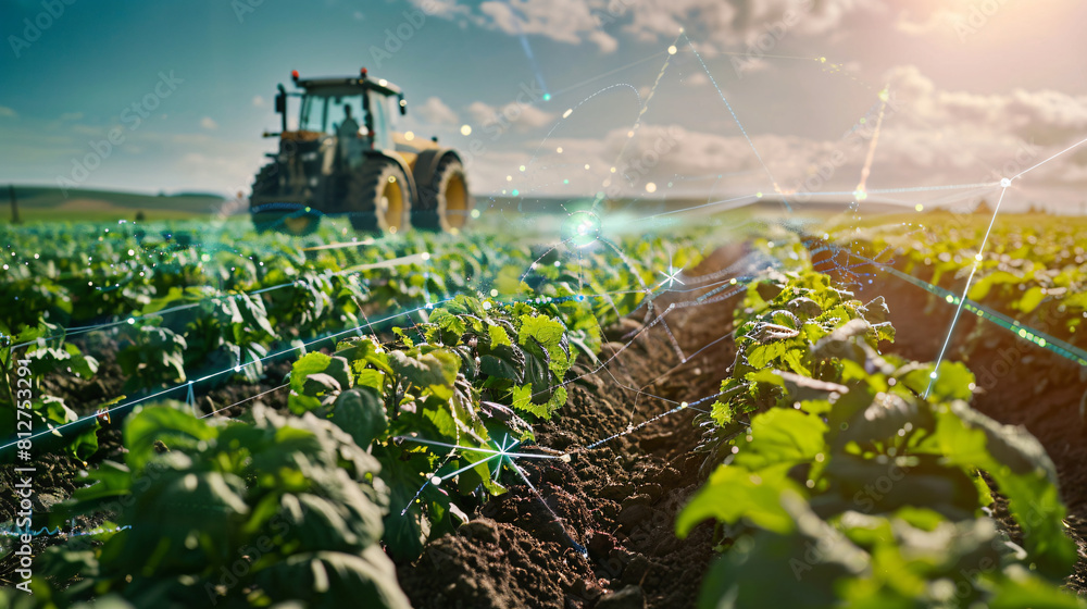 tracktor and beautiful field smart farm concept soil health monitoring ...