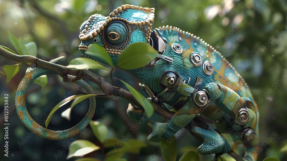 Render a robotic chameleon in CG 3D, perfectly blending into a ...
