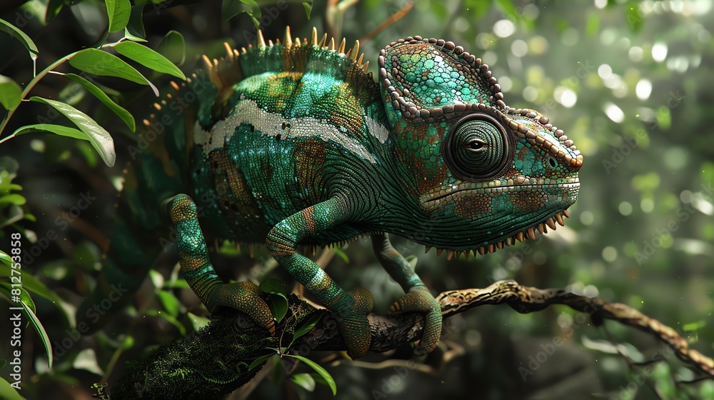 Render a robotic chameleon in CG 3D, perfectly blending into a ...