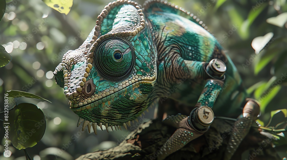 Render a robotic chameleon in CG 3D, perfectly blending into a ...