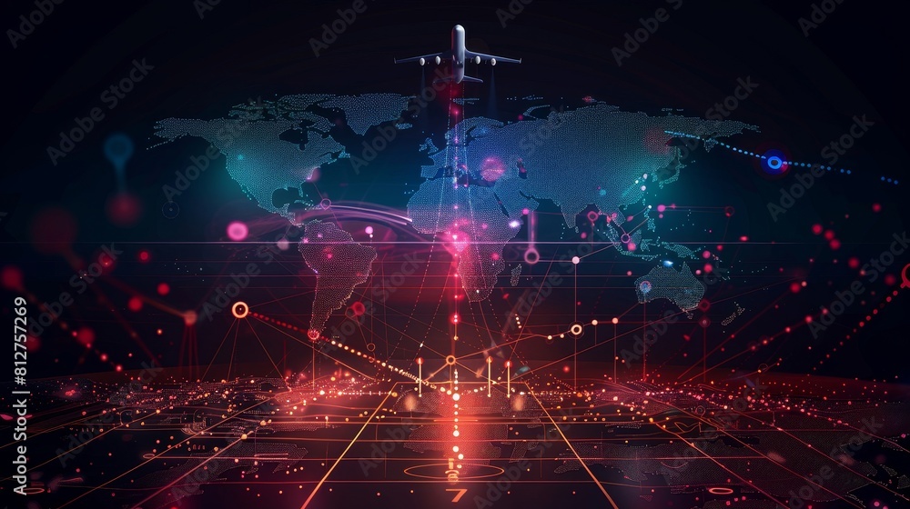 airplane in flight over a stylized map of the world. The airplane is ...