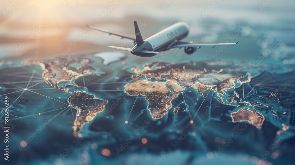 airplane in flight over a stylized map of the world. The airplane is ...