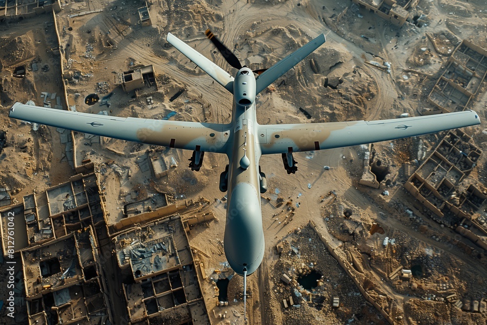 combat reconnaissance drone in the sky flying above objects on the ...
