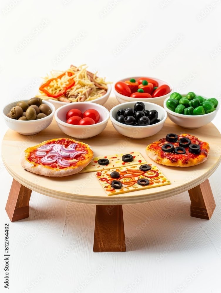 DIY Pizza Station Mini pizza station with various toppings displayed ...