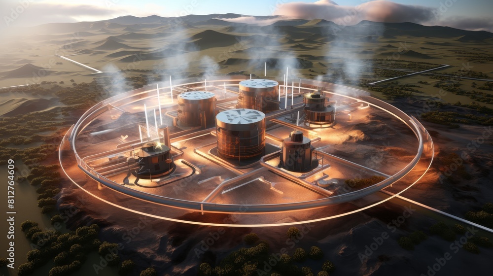 3D visualization of a geothermal energy facility, showing how heat from ...