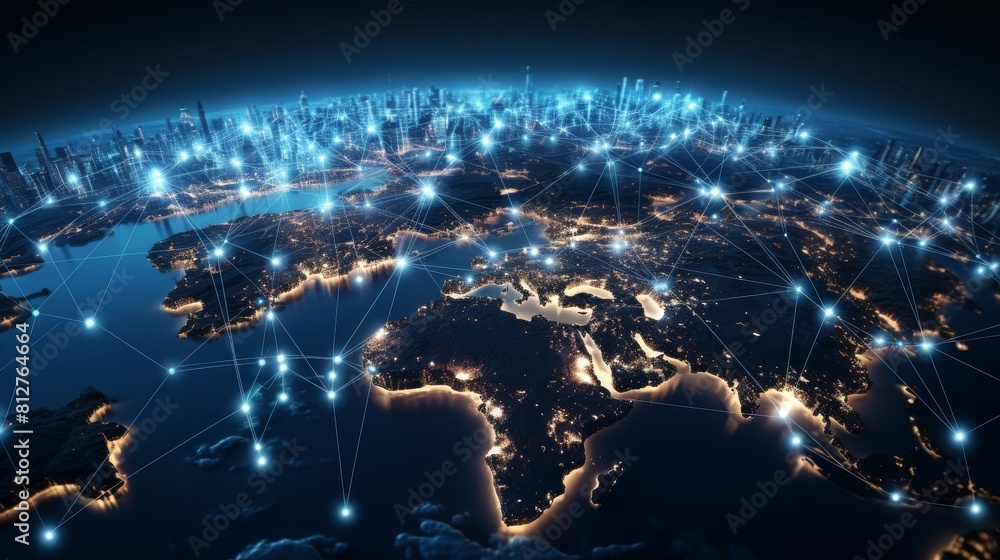 3D visualization of a global network with digital connections linking ...