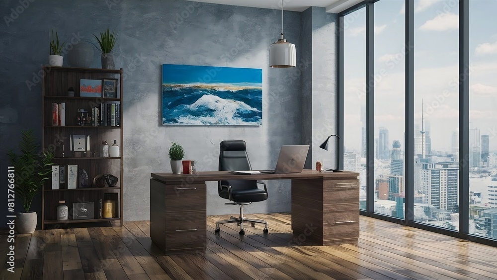 Ceo business interior with desk near window, A sleek and modern 3D ...