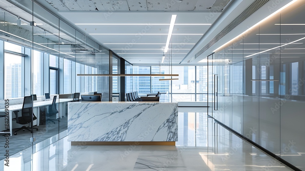 Modern office space featuring sleek glass partitions overhead linear ...