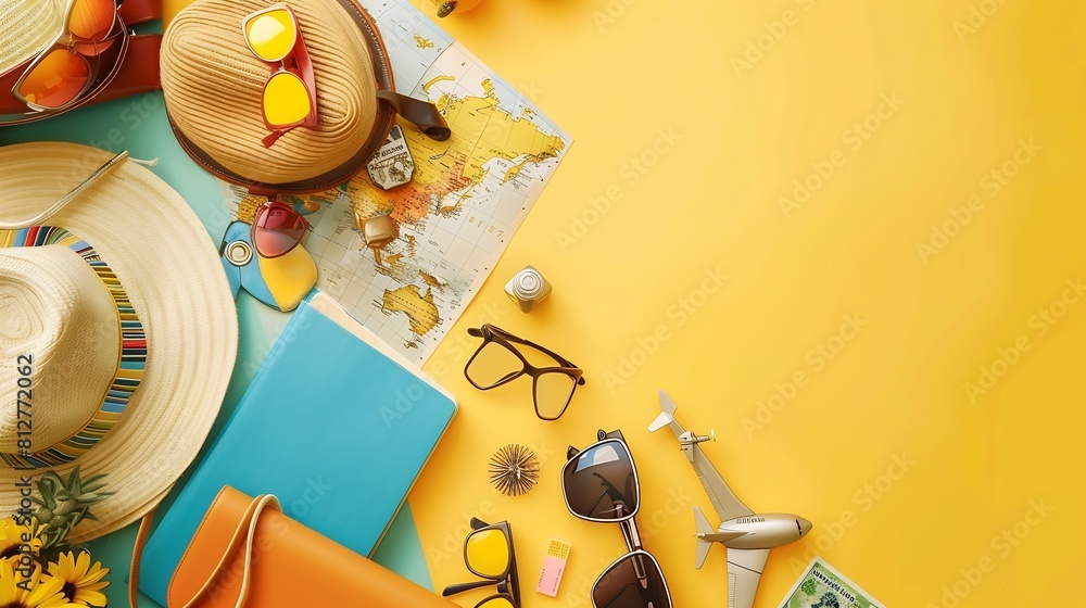 Summer travel concept Flat lay traveler accessories on yellow ...