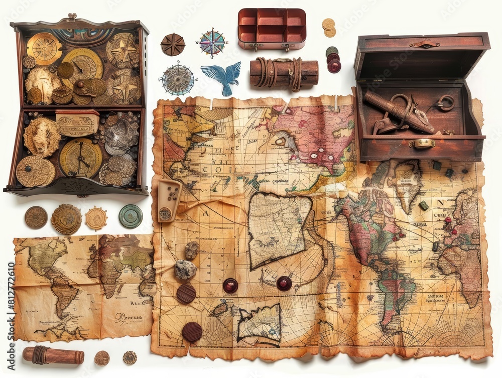 Treasure Hunt Kits Treasure hunt kit components spread out, including maps, clues, and small ...