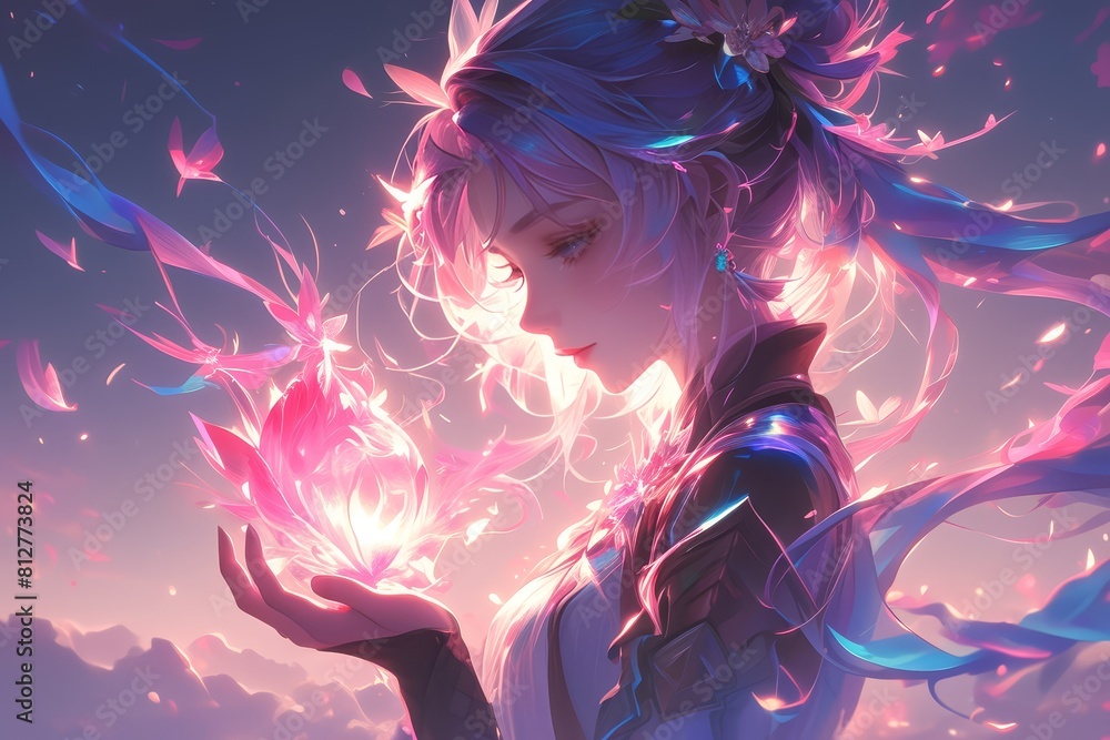 Cute girl with purple hair holding pink fire in her hand, flowers and ...