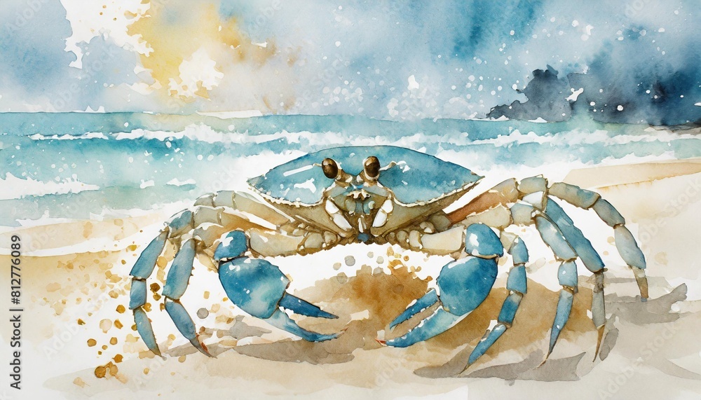 watercolor beach crab light blue and gold color palette isolated Stock ...