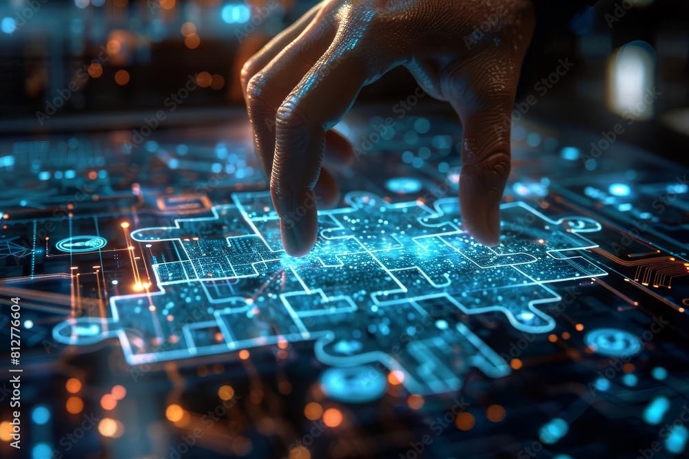 Animated holographic display showing historical events as puzzle pieces ...