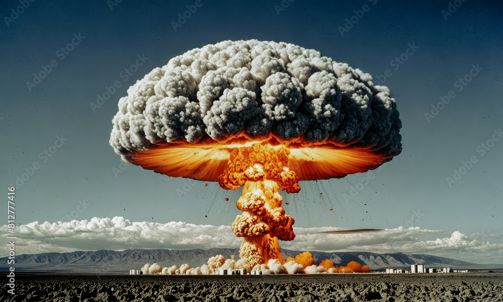 Massive explosion forms mushroom cloud. Fiery orange base indicates ...