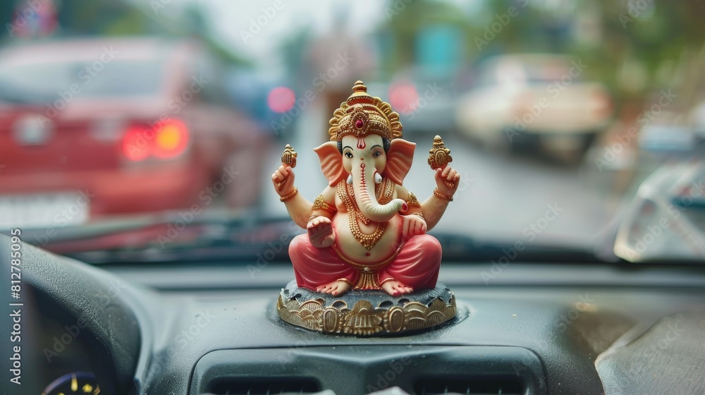 Miniature Ganesha statue placed within a car dashboard, a common sight ...