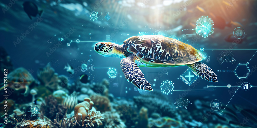 Green Sea Turtle Amid Coral Reefs, Representing Future Sea Technology ...